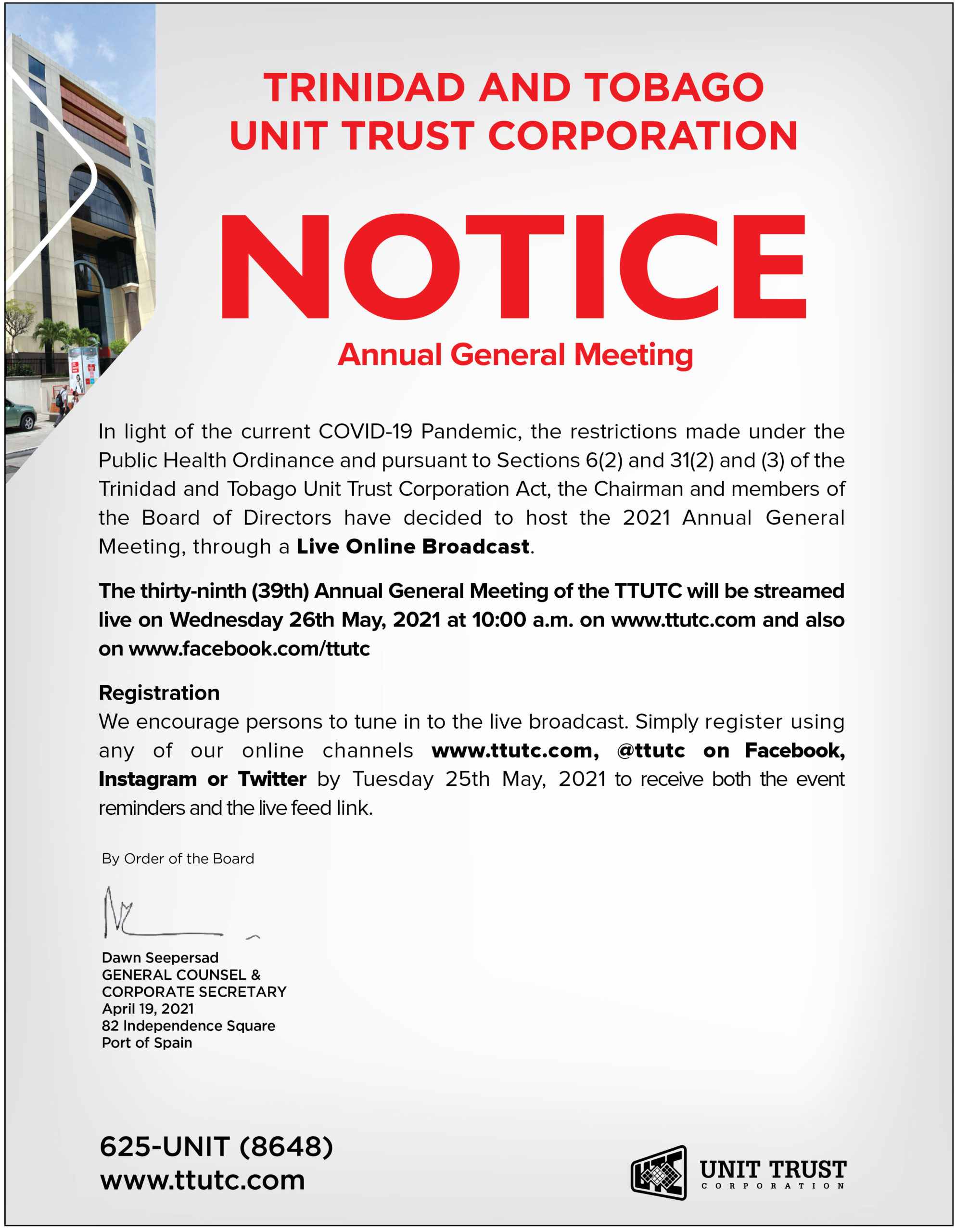 Notice Annual General Meeting Unit Trust Corporation